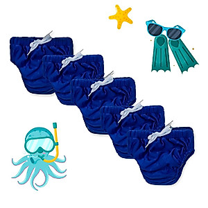 KaWaii Baby Best Fitting Reusable Swim Cloth Diaper Soft Stretchy Mesh Inner, Training Pant, Lightweight, Comfortable, Swimming Lessons, Unisex, Blue, Pack of 5 (M) 24–35 lbs
