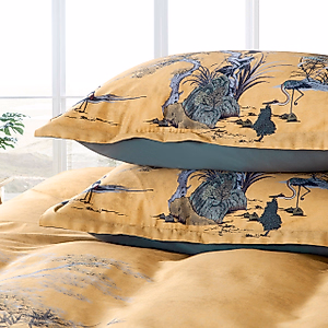 Get Bed Ready Chinoiserie Chic Duvet Cover Set Painted Oriental Garden Print Bedding 400tc Cotton Sateen Beautiful Botanical Nature Antique Asian Drawing (Ocher Shade, King)