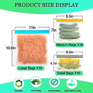 HUYFGDYSA 30 Pack Reusable Food Bags Silicone Freezer Bags Leak Proof Snack Size Sandwich Bags for Traveling & Household(10Small + 10Medium+10Large), orange+blue+gray