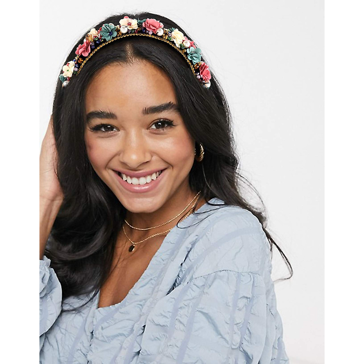 CENAPOG Baroque Crystal Rhinestone Headbands Flower Padded Hairbands for Women Girls Pearl Colorful Bead Embellished Headbands Bejewelled Wide Velvet Hair Hoop for Wedding Bridal Parties (flower)