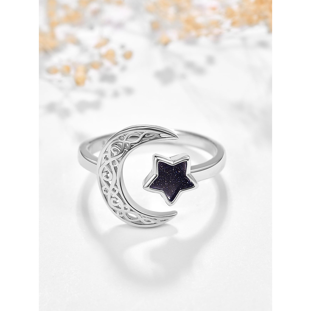Dreamboat Sterling Silver Moon and Star Rings for Women Blue Sandstone Ring Witchy Ring Crescent Moon Ring Celestial Galaxy Ring Star Jewelry Gifts Adjustable Open Ring 7 8 9