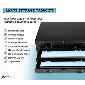 AdirOffice Flat File Cabinet - Heavy Duty 5-Drawer Blueprint Sheets Storage, 35" x 46" Great for Documents Sized 30” x 42”, Ideal for Artists, Art Files, Engineers, Architects, Offices - Black