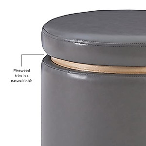 Linon Lexington Grey Faux Leather Round Storage Ottoman with Wood Accent