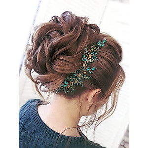 Denifery Emerald Wedding Hair Piece Green Hair Vine Bridal Gold Jewelry Headpiece Wedding Hair Accessories