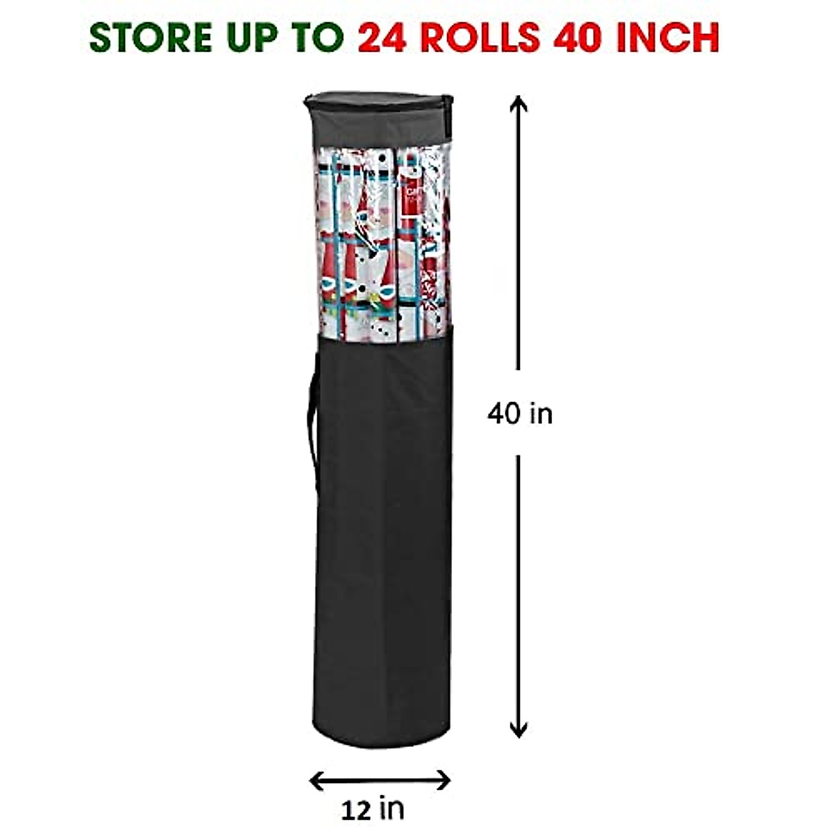 ProPik Wrapping Paper Storage Organizer Bag, Store Up To 24 Rolls 40 Inch, Heavy Duty Polyester plus PVC Clear Bag with Handles and Zippered Top for Gift Wrap and Ribbons (Black)