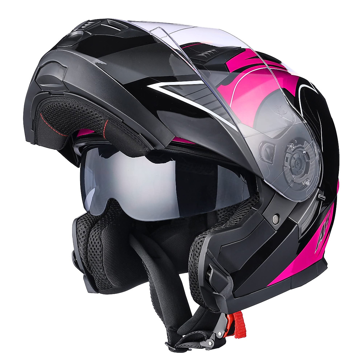 AHR Motorcycle Helmet Dual Visor Modular Flip up Full Face Helmet DOT Approved - AHR Helmet Run-M3 for Adult Motorbike Street Bike Moped Racing (Black Pink, L)