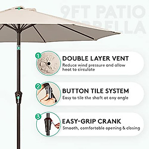 JEAREY 9FT Outdoor Patio Umbrella Outdoor Table Umbrella with Push Button Tilt and Crank, Market Umbrella 8 Sturdy Ribs UV Protection Waterproof for Garden, Deck, Backyard, Pool (Beige)