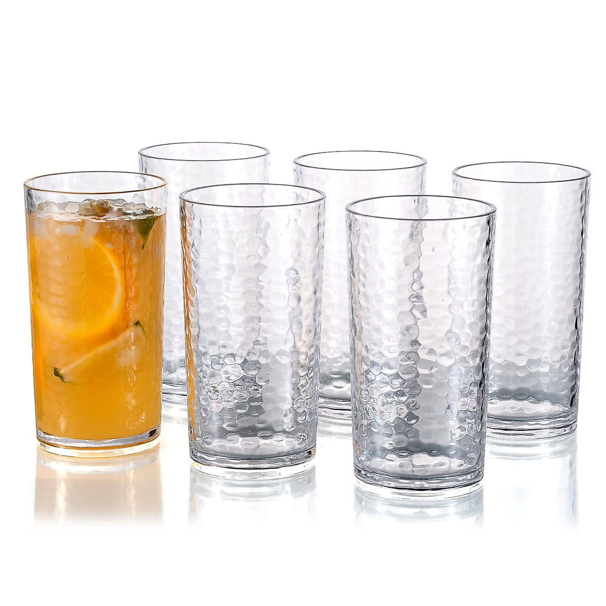 KX-WARE 20-ounce Acrylic Glasses Plastic Tumbler, set of 6 Clear - Hammered Style, Dishwasher Safe, BPA Free