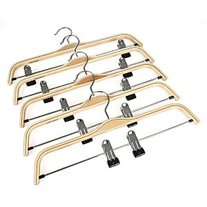 TOPIA HANGER Wooden Pants Hangers,Slim Natural Wood Skirt Hangers with Anti-Rust Hook and Adjustable Metal Clips, Perfect for Skirts, Pants, Slacks-10 Pack-CT17N