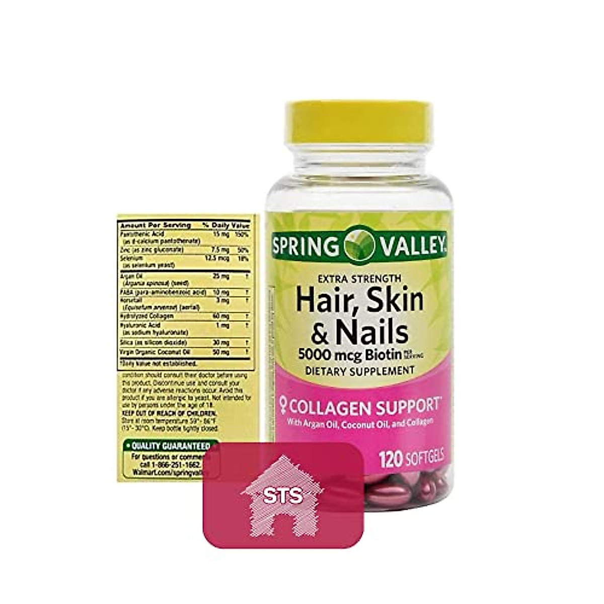 Hair, Skin & Nails Extra Strength Bundle. Includes One Bottle of Spring Valley Hair, Skin & Nails Extra Strength - 5,000 Mcg, 120 Count and a STS Fridge Magnet!
