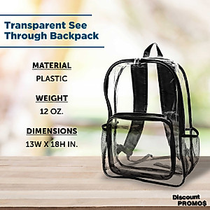 DISCOUNT PROMOS Custom Heavy Duty Clear Plastic Backpacks Set of 24, Personalized Bulk Pack - PVC, Water Resistant, Great for School, Travel - Clear/Black