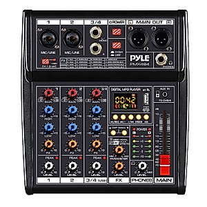 Pyle Professional DJ Audio Mixer Controller - 4-Channel DJ Controller Sound Mixer w/DSP 16 Preset Effects, USB Interface, 2 XLR Mic/Line Input, AUX, FX Processor MP3 Player, Headphone Jack PMX464
