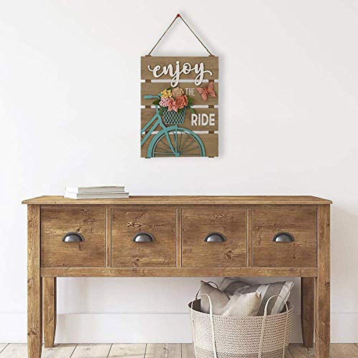 Farmhouse Wall Decor Spring Decorations for Home Metal Bicycle Butterfly Floral Sign Wood Rustic Wall Plaque Hanging Art Gift Indoor Outdoor 11" X 15" - Enjoy The Ride