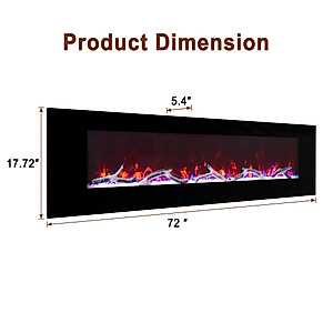 72in Electric Fireplace with Bluetooth Speakers Wall Mounted Linear Fireplace Heater Low Noise Adjustable 8 Flame Colors,8h Timer,Remote Control with Log & Crystal Hearth Options (No-Recessed)