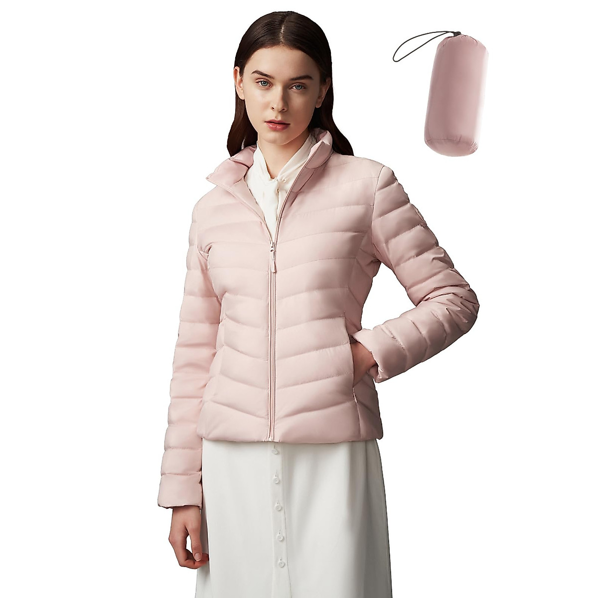 BOSIDENG Lightweight Women's Down Jacket Portable Water-Resistant Puffer Jacket Fall Coat with Stand Collar for Travel(Light Pink,XXL)