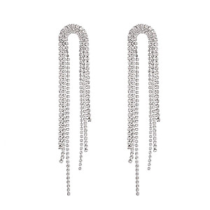 GBAHFY Fashion Long Tassel Crystal Drop Earrings for Women Geometric Full Rhinestone Earrings Statement Jewelry Gifts (Long Tassel Crystal Drop Earrings-Silver)