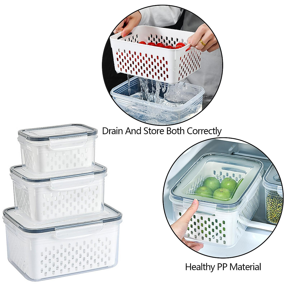 Lizbin 3 PCS Fruit Storage Containers for Fridge with Removable Colander, Leak proof Food Storage Containers, Airtight Food Storage Containers, Food Storage Containers with Lids, Keep Food Meat Fresh