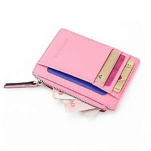 Edtoy Wallet Mini Leather Card Holders Slots Purse Small Men Wallet Women Zipper Coin Pocket Ultra Thin Wallet (Pink)