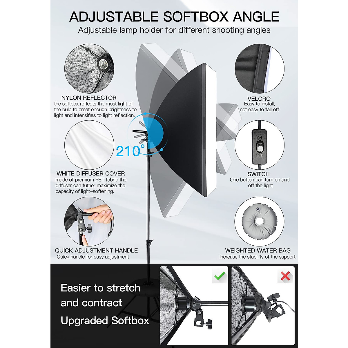 Photography Softbox Lighting Kit, 6.5 x 10ft Backdrop Stand System and E27 60W 5500K CFL Bulbs Softbox and Umbrellas Continuous Photo Lighting with Green/White/Black Backgrounds