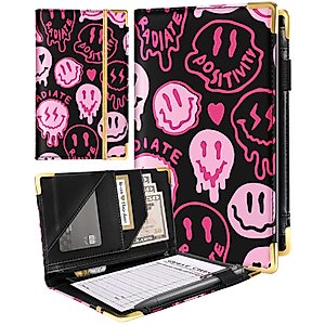 Slohif Server Book for Waitress Cute Serving Books with Zipper Pocket Accessories Leather Server Check Book Restaurant Waiter Server Booklet Ticket Book Holder Smile