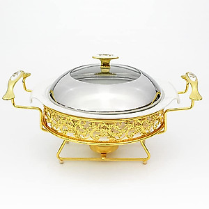 13inch Buffet Food Tray Stainless Steel Chafing Buffet Dish Round Chafer Full Size Food Warmer Heating Pan Large Capacity Serving Tray with Lid for Home Restaurant Canteen Warm Buffet Server,Gold