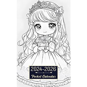 Pocket Calendar 2024-2026: Two-Year Monthly Planner for Purse , 36 Months from January 2024 to December 2026 | Kawaii Princess coloring page