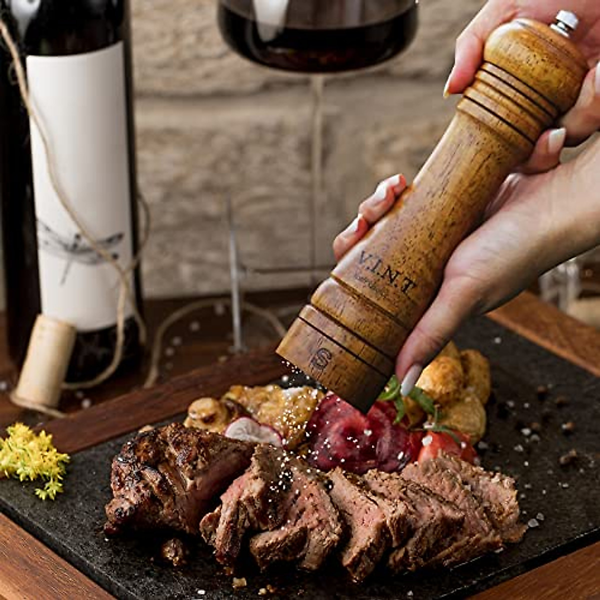 Wooden Salt and Pepper Grinder Set - Adjustable Ceramic Rotor - Refillable Salt and Pepper Mill Set - Pack of 2 – 8 inch - Heat Resistant- Food grade- Eco-friendly, Brown