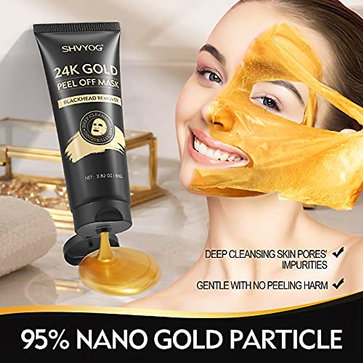 Blackhead Remover Mask, 3-in-1 Peel off Face Mask with 24K Gold Serum & Silicon Brush,24K Gold Facial Mask For Deep Cleansing Blackhead, Whitehead, Pores, Acne, Oil, Peel Mask Black Mask(80g+20ml)