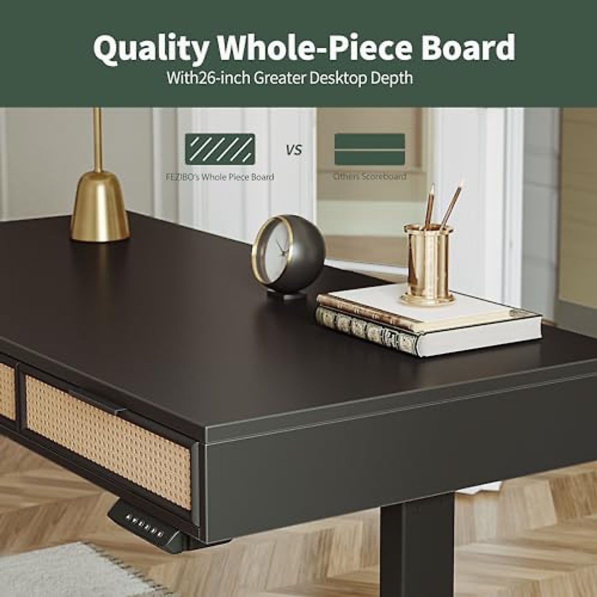 FEZIBO 55X26 Inches Boho Style Height Adjustable Electric Standing Desk with 3 Rattan Drawers, Stand up Desk with Large Storage Space, White（2 Packages）