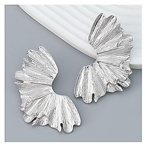 Large Geometric Dangle Earrings for Women Bohemian Ginkgo Leaf Dangling Earrings Exaggerated Metal Sectored Geometric Earrings for Women (silver)