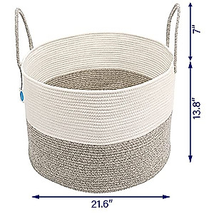 Casaphoria XXXLarge Cotton Rope Basket for Living Room - Woven Storage Basket with long Handle for Blankets, Towels and Pillows Laundry Hamper | Cream white and Brown (22" x 22" x 14")