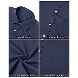 J.VER Men's Casual Button Up Linen Shirts Solid Long Sleeve Work Shirt Loose Fit Vacation Shirts with Pocket Navy Blue X-Large
