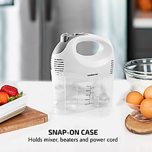 Ovente Portable 5 Speed Mixing Electric Hand Mixer with Stainless Steel Whisk Beater Attachments & Snap Storage Case, Compact Lightweight 150 Watt Powerful Blender for Baking & Cooking, White HM151W