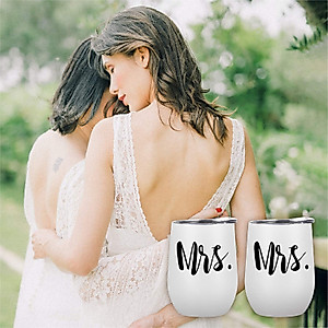GINGPROUS 2 Pack Mrs and Mrs Wine Tumbler Set, Lesbian Couple Idea for Girlfriend, Engagement Wedding Anniversary LGBT Idea 12 Oz Insulated Stainless Steel Wine Tumbler with Lid, White