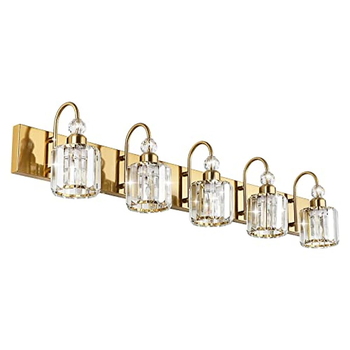 Ralbay Crystal Bathroom Vanity Lights 5-Lights Brass Gold Crystal Bathroom Vanity Lights Over Mirror Modern Crystal Gold Bathroom Wall Lighting Fixtures