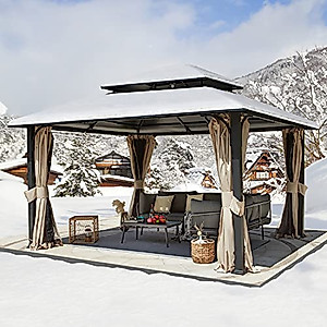 MELLCOM 12' x 14' Hardtop Gazebo, Iron Double Roof Gazebo with Curtains and Netting, Waterproof Canopy Gazebo with Anti-Rust Coating Frame for Patios, Gardens, Lawns, and Backyard