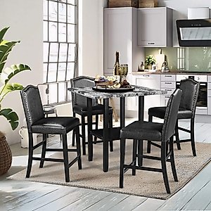 PPHome Modern Dinette Matching 4 Bottom Shelf for Dining Room, Sturdy Wooden Frame, Marble Top, Nail Head Trim, Easy Assembly,Black Chair+Gray, 5-Piece Table Set