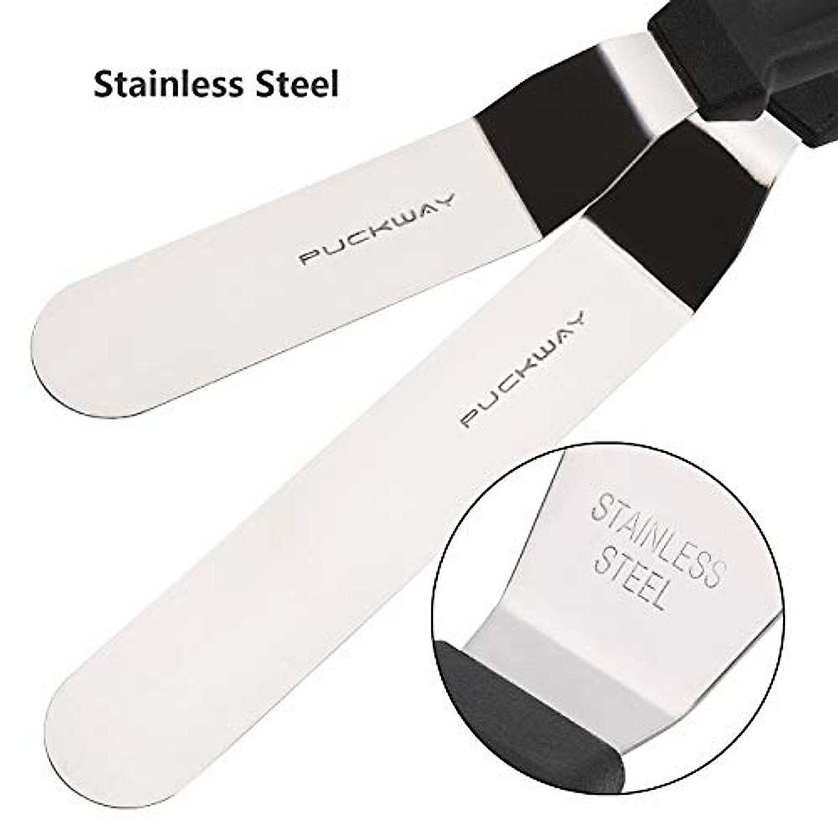 PUCKWAY Angled Icing Spatula, Stainless Steel Offset Spatula, Cake Spatula Set of 2 Black 6, 8 inch Blade