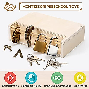 Woodtoe 8 PCS Montessori Lock and Key Toy Set for Toddlers, Wooden Montessori Materials, Homeschool Preschool Keys and Locks Learning, Educational Birthday Toys for 3+ Year Old Kids Boys Girls