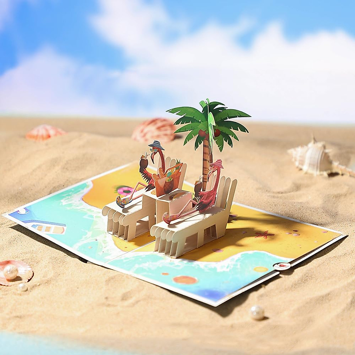 HEARTPOP 3D Flamingo on Beach Vacation Pop Up Card, Handmade 3D Greeting Card For All Occasion, Birthday, Anniversary, Thank You, Thinking of You, Retirement Gift, Valentine's Day | With Message Note