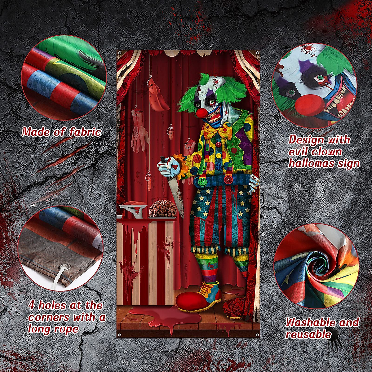 Halloween Decorations Large Evil Clown Door Cover Fabric Halloween Door Banner Backdrop Background Clown Theme Front Door Cover for Halloween Party Haunted House Photo Props Supplies, 70.9 x 35.4 Inch
