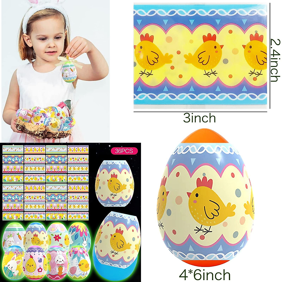 Wittocs 36 Pcs Easter Egg Wrapper Luminous Eggs Film Shrink Wraps for 2.4in Easter Eggs Chicken Bunny Egg Sleeves Decorations, New Cute Easter Egg Arounds
