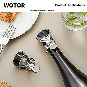 WOTOR Champagne&Wine Bottle Stoppers Stainless Steel with Food Grade Silicone, Leak Proof Keep Fresh Reusable Saver, Cork Suitable for Wine, Champagne, Cava, Prosecco and Sparkling (2 Pack Silver）