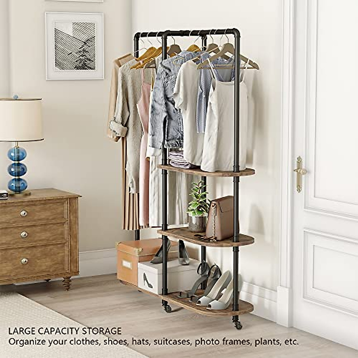 MAIKAILUN Industrial Clothing Rack, Heavy Duty Clothes Rack With Shelves, Freestanding Rolling Garment Rack for Hanging Clothes, Standing Portable Metal Closet Organizer, Coat Rack (BLACK)