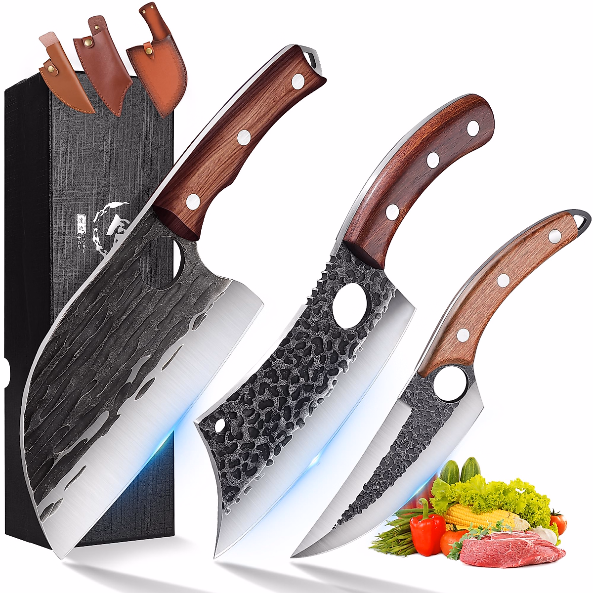 ROCOCO 3PCS Butcher Cleaver Knife Set for Meat Cutting Serbian Chef Knife Viking Boning Cleaver with Sheaths for Kitchen Outdoor BBQ Camping Birthday Father Mother Christmas Gift Idea Men