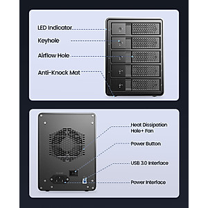 ORICO 5 Bay Hard Drive Enclosure Tray-Less Aluminum 3.5" External HDD Enclosure Build-in 80mm Cooling Fan and 150W Power Supply Max Up to 80TB (5 x 16TB), Designed with Safety Lock-9558U3
