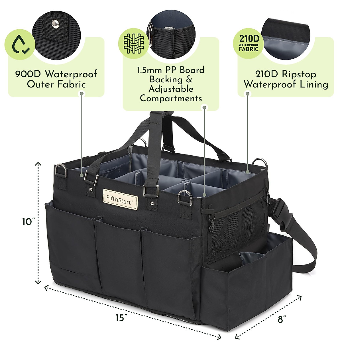 FifthStart Multiuse Cleaning Caddy with Waist & Shoulder Strap - Professional 9 Pockets Tote Bag for Housekeeping Diaper Gardening Fishing Beach Bathroom Organizer Adjustable Compartments, Black Large