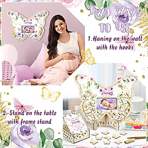 Wenqik 63 Pcs Baby Shower Guest Book Alternatives Set Baby Shower Guestbook with Photo Frame Baby Sonogram Frame Keepsake 60 Wood Slices Guest Book for Birthday(Butterfly)