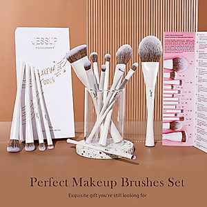 Jessup Makeup Brushes Set 14pcs Make up Brushes Premium Synthetic Foundation Concealer Blush Contour Powder Eye Shadow Blending Brush, Pearl White T343