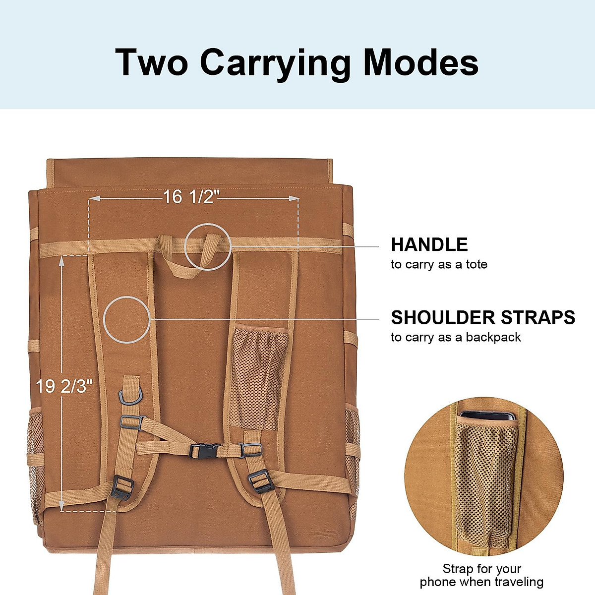 JJRING Heavy Duty Plein Air Artist Backpack with Handheld Strap, Art Supply Tote Bag for Carrying 18x24 Artwork, Drawing Boards (Brown)